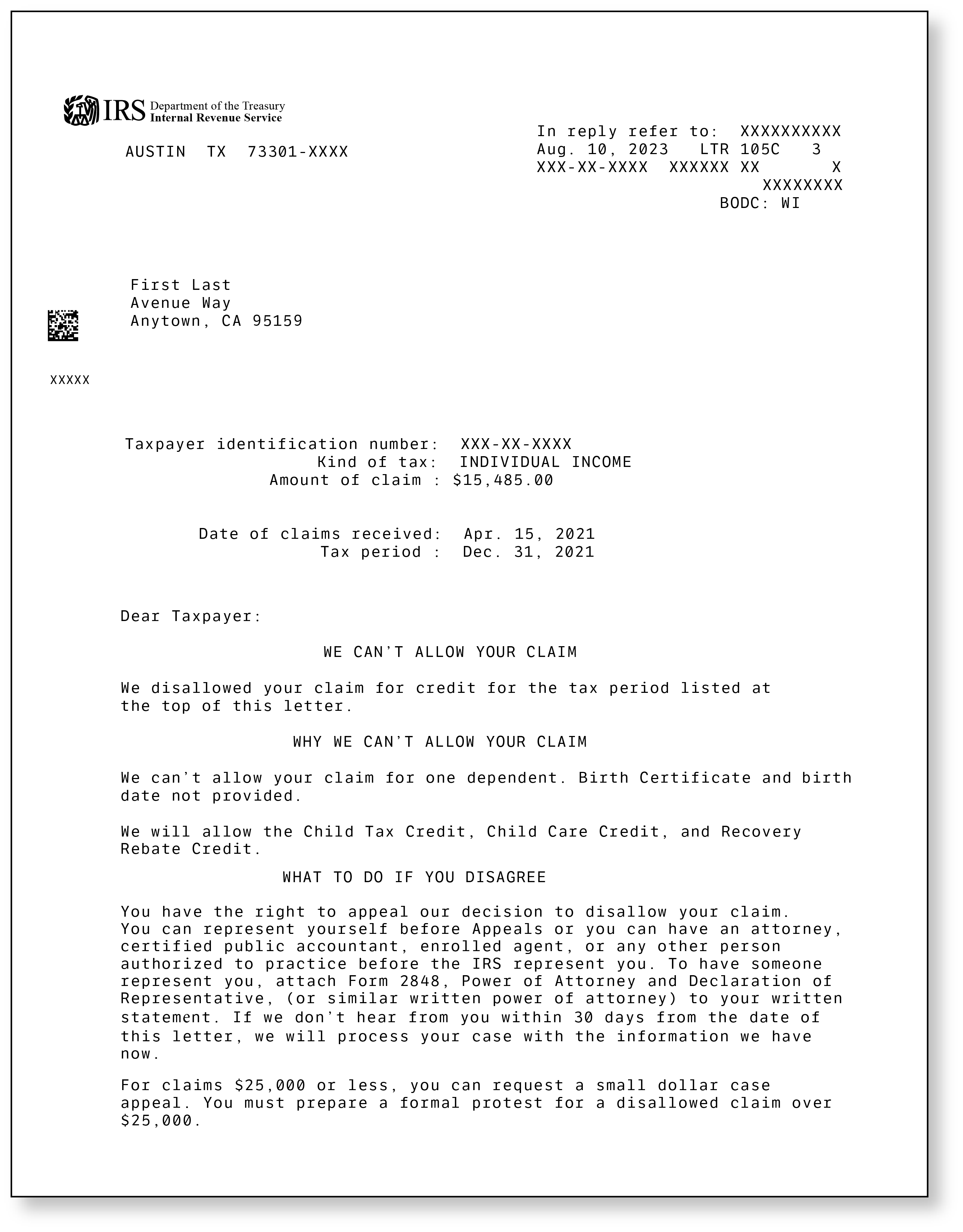 IRS Audit Letter 105C Sample 1